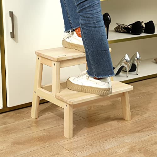 HOUCHICS Wooden Step Stool for Adults Kids, Solid Wood Bed Step Stool, Multi-Purpose 2-Step Stool for Kitchen, Bed, Bathroom(Natural)