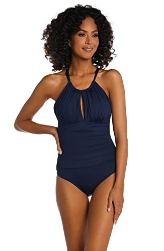 La Blanca Women's Island Goddess High Neck Keyhole Mio One Piece Swimsuit, Indigo, 14
