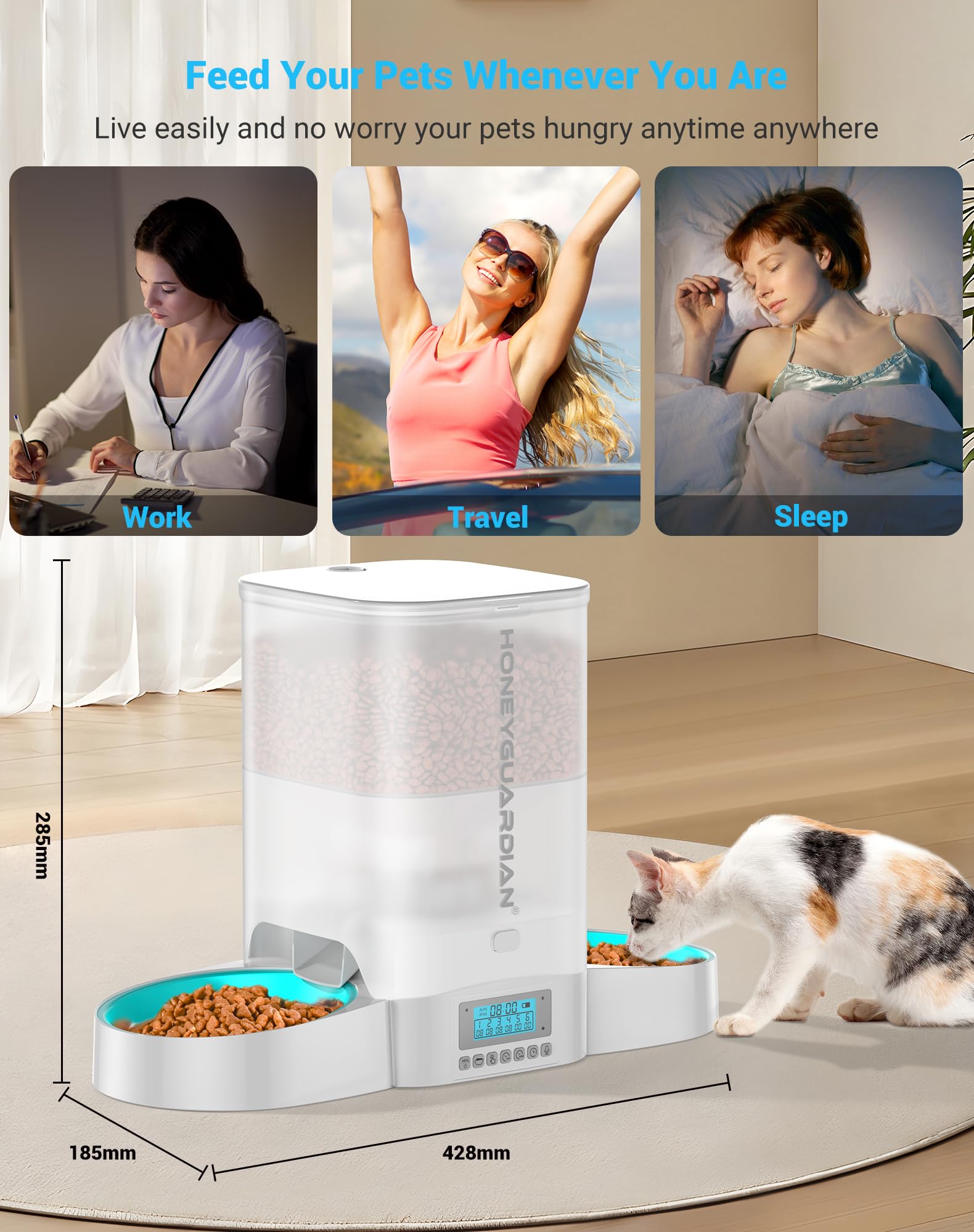 HoneyGuaridan Automatic Cat Feeder for Two Cats,3.5L Cat Food Dispenser with Slow Feeder Bowl,Timed Cat Feeder Programmable 1-6 Meals Control, Dual Power Supply,10s Meal Call White