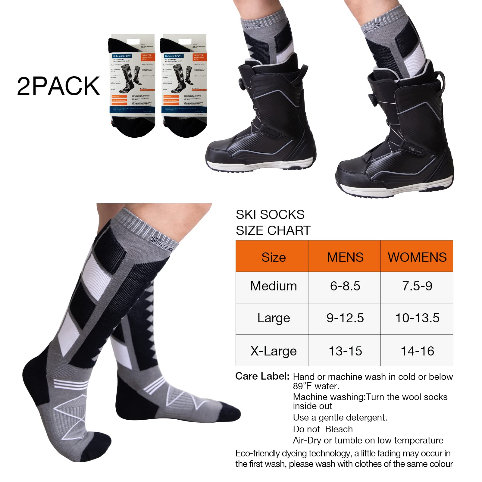 Bulinlulu Merino Wool Ski Socks 2 Pairs Pack for Skiing, Snowboarding, Hunting Hiking Cold Weather, Winter Performance Sport Socks(Black,Medium)