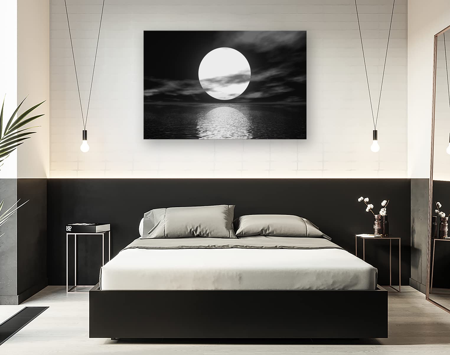 Cao Gen Decor Art S06481 Wall Art Canvas Sea White Full Moon in Night Picture Canvas Poster Print Black and White Ocean for Living Room Bedroom Kitchen Home Decorations Framed Artwork