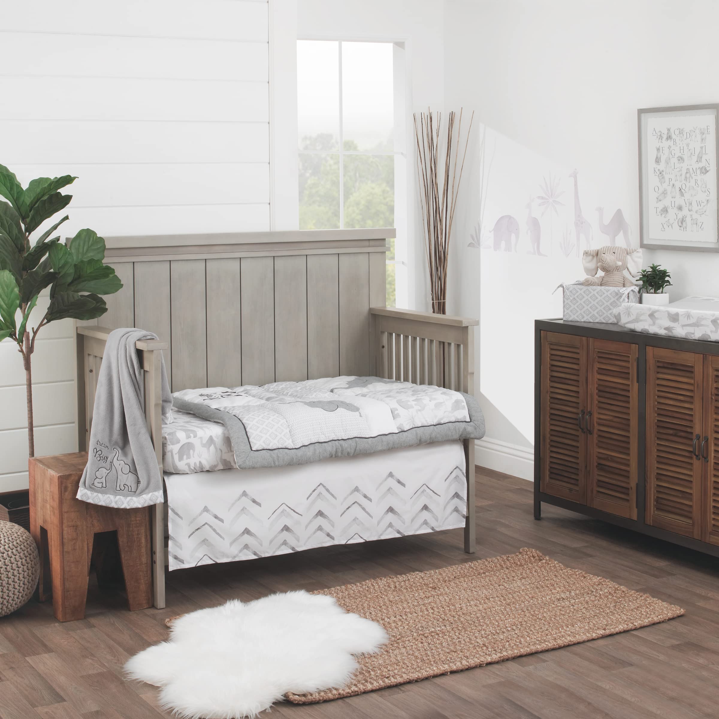 NoJo Elephant Tribe Grey and White 4 Piece Nursery Crib Bedding Set - Comforter, Fitted Crib Sheet, Dust Ruffle, Nursery Organizer