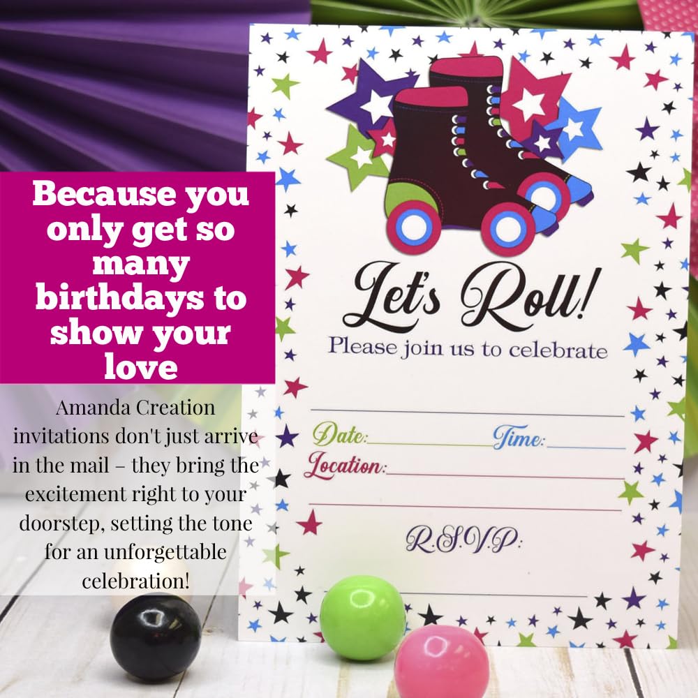 Let’s Roll Star Roller Skating Birthday Party Invitations, 20 5x7 Fill In Cards with Twenty White Envelopes by AmandaCreation