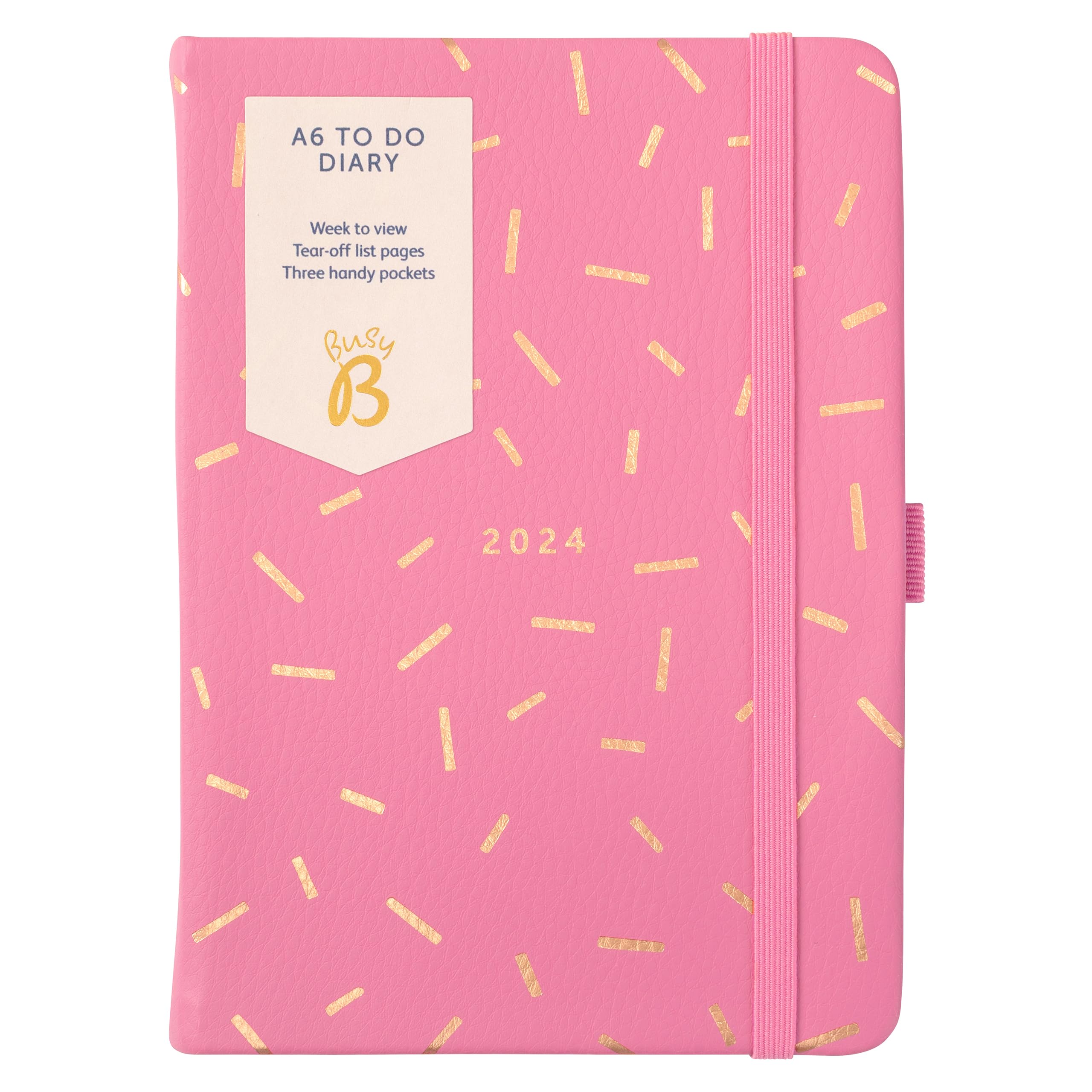 Busy B A6 To Do Diary January to December 2024 - Pink Sprinkle - Faux Leather Week to View Diary with Notes, Tear-Out Lists & Pockets