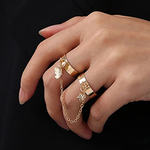CJIAYUJEW Gold Punk Vintage Chain Finger Rings Set for Women Men,Gold Butterfly Chain Ring, Novelty Gothic Cross Open Adjustable Rings Stackable Gold Knuckle Rings (Gold)