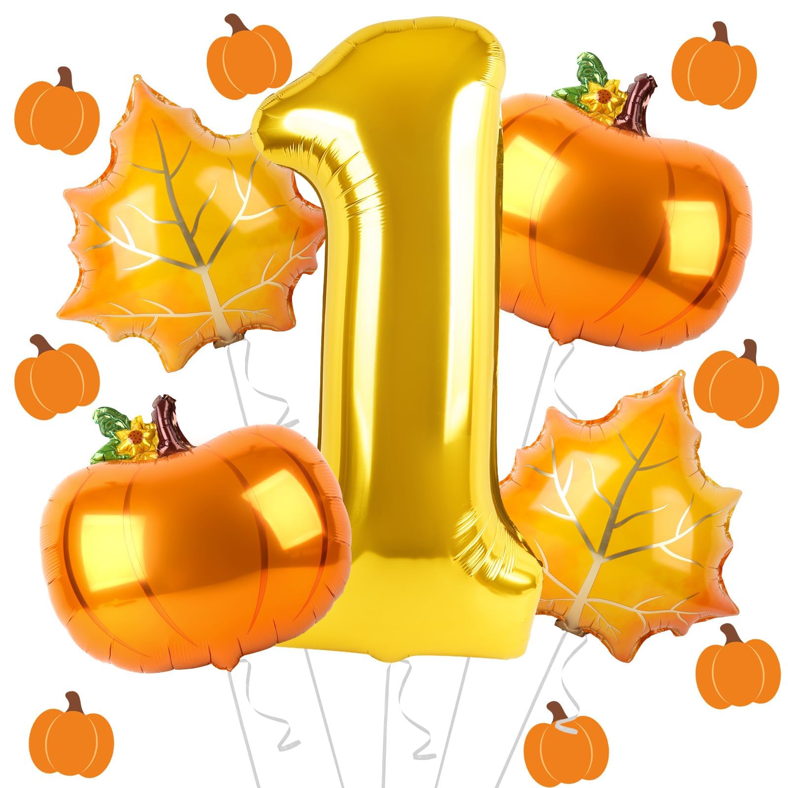 Dripykiaa 5Pcs Pumpkin First Balloon 40" Gold One Year Old Balloon Set for First Birthday Fall Birthday Decorations Maple Leaves Pumpkin Foil Helium Balloons Party Supplies Backdrops for Girls Boys