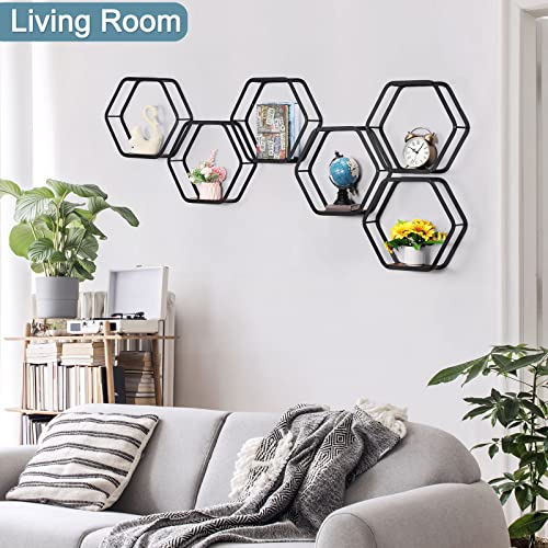 Hexagonal Floating Shelves Set of 10, Metal Hexagon Shelves for Wall, Rustic Black Hexagon Shelves, Modern Honeycomb Shelf, Octagon Shelves Wall Mounted for Bedroom Living Room Kitchen and Office