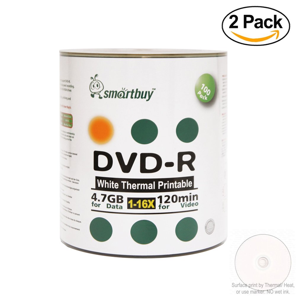 Smartbuy 200-disc 4.7gb/120min 16x DVD-R White Thermal Hub Printable Blank Media Recordable Disc