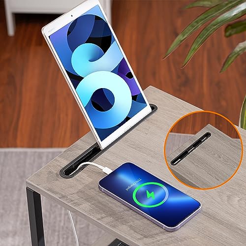 Heybly Side Table C Shaped Nightstand End Sofa Table with Charging Station, Phone Holder, 2 USB Ports and Power Outlets, Snack Couch Tables for Small Spaces, Greige and Black HET001CSG1