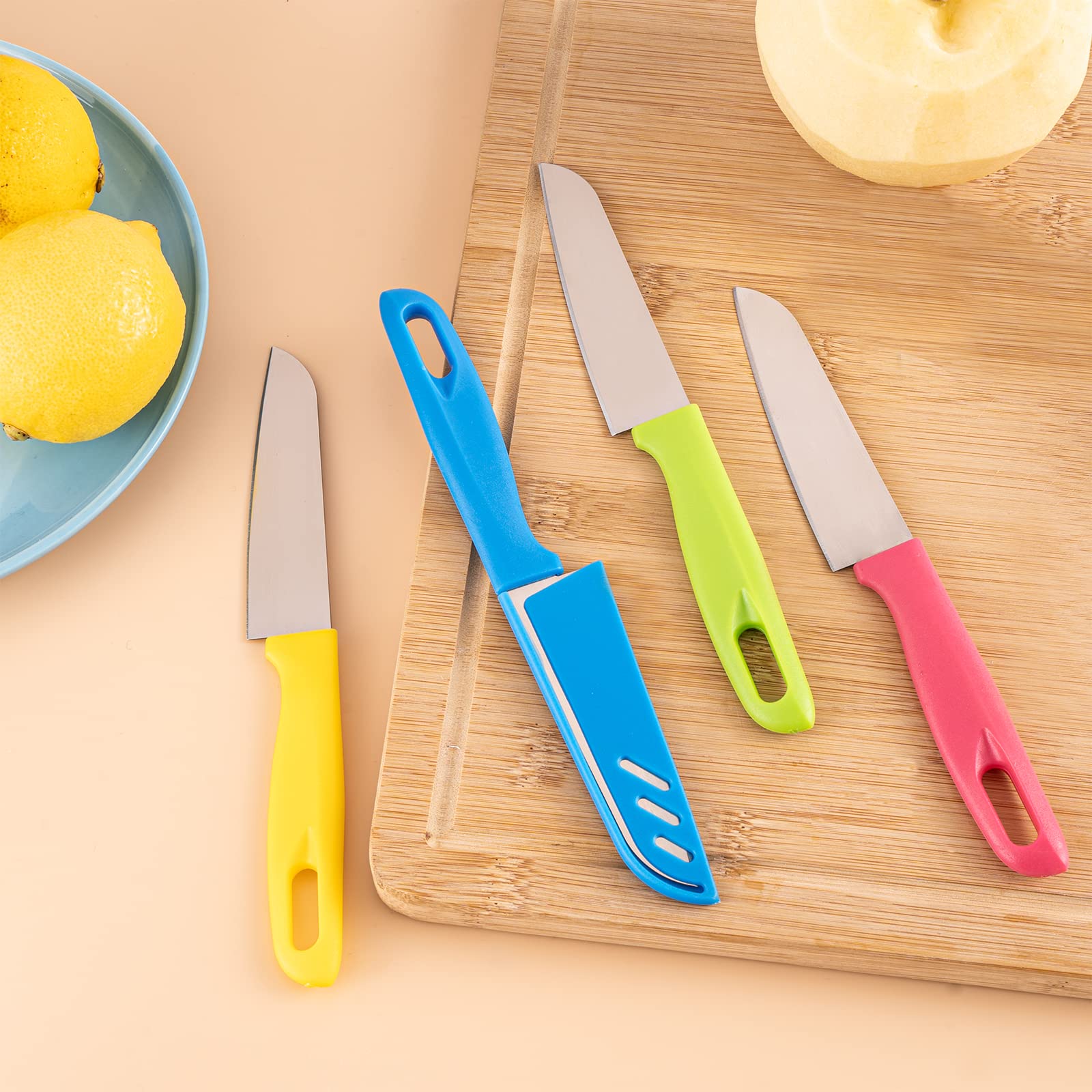 CHUYIREN Paring Knife, 4 Pcs Paring Knife with Sheath, 4" Vegetable and Fruit Knife, Stainless Steel Small Kitchen Knife for Cooking, Peeling, Slicing, Picnics,&Travel, Pink/Green/Yellow/Blue