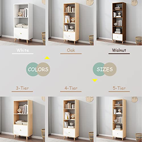 IOTXY 4-Tier Open Shelves Bookcase - 59 Inches Height Modern Floor Standing Cubes Wooden Mid Bookshelf with Storage Drawer and Legs, Oak