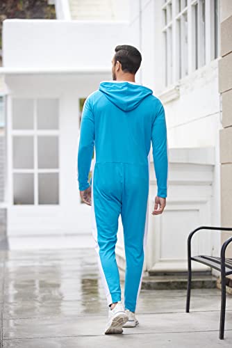 COOFANDY Men's One Piece Tracksuit Hooded Jogging Jumpsuit Long Playsuit with Pockets Blue XL