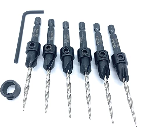 FTG USA Countersink Drill Bit Set 6 Pc #6 (9/64") Wood Countersink Drill Bit Pro Pack Countersink Set, Tapered Countersink Bit, 1 Stop Collar, Hex Wrench, Woodworking Countersink Drill Bits