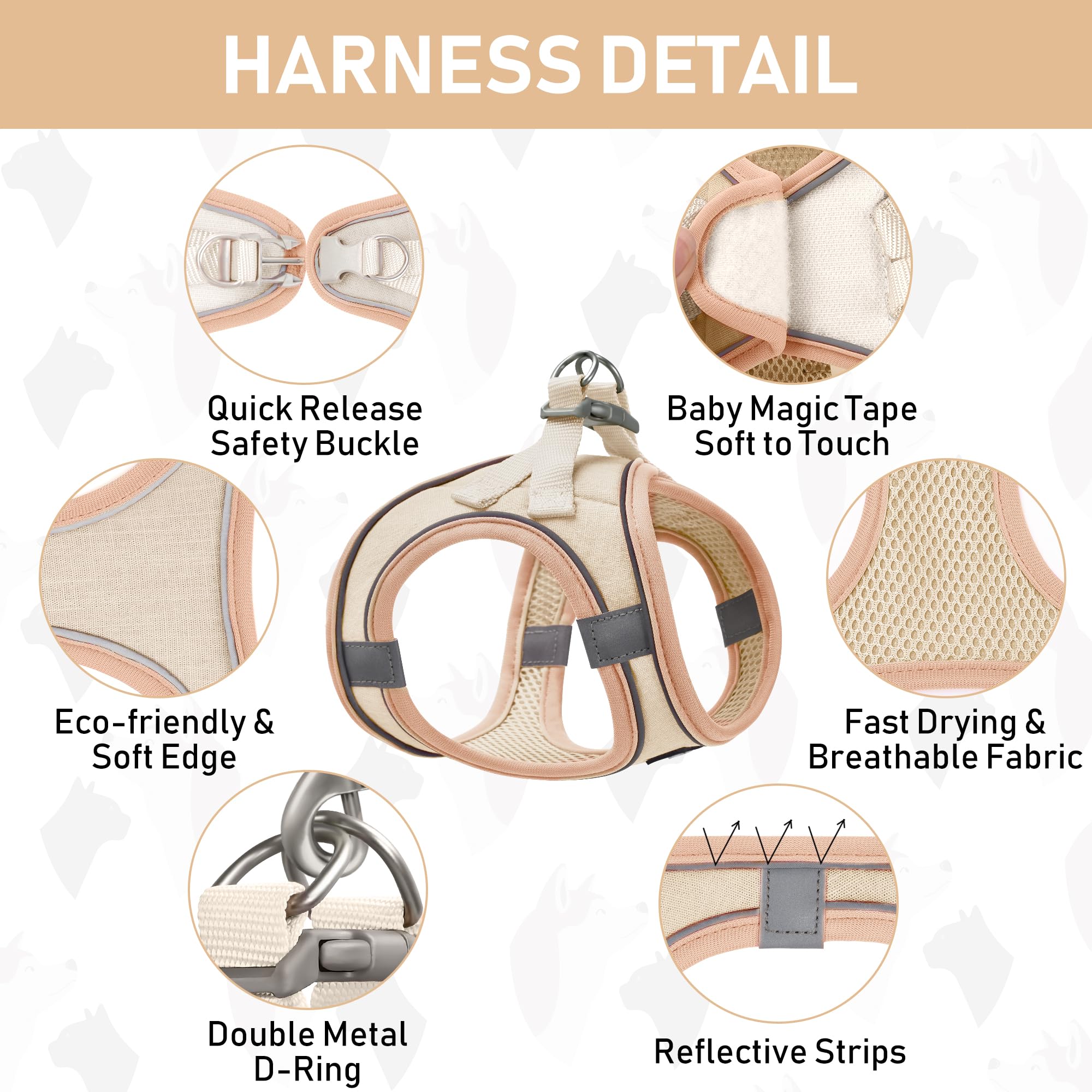 GAMUDA Small Pet Harness Collar and Leash Set, Step in No Chock No Pull Linen Fabric Soft Mesh Dog Vest Harnesses Reflective for Dogs Puppy Cats Kitten Rabbit (Khaki, S)