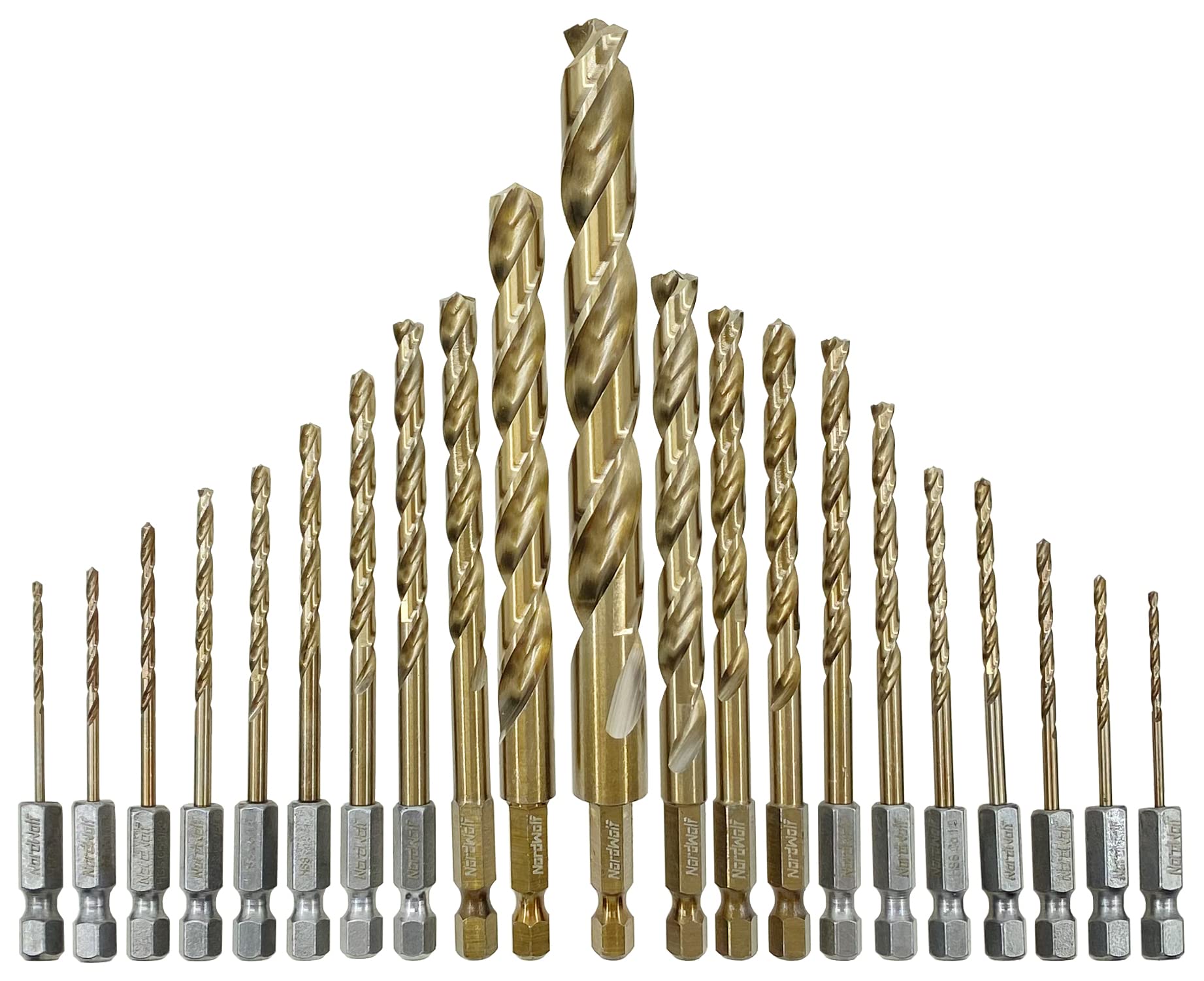 NordWolf 7-Piece M35 Cobalt Drill Bit Set for Stainless Steel, Hard Metals & Cast Iron, Jobber Length with 1/4" Hex Shank, SAE Sizes 1/8"(x3)-3/16"(x2)-1/4"(x2)