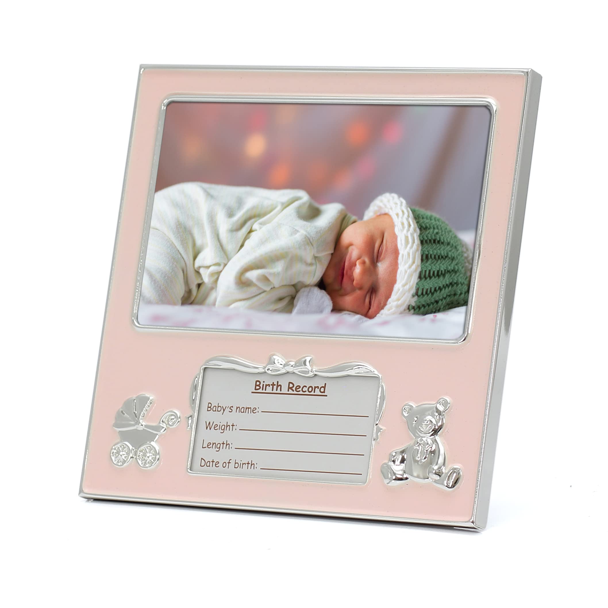 MIMOSA MOMENTS Bear and Pram Silver-tone Metal Baby Girl Picture Frame with Birth Details Tag (4x6 horizontal, Silver-tone & Pink)