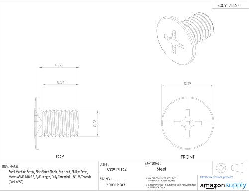 Steel Machine Screw, Zinc Plated Finish, Pan Head, Phillips Drive, Meets ASME B18.6.3, 3/8" Length, Fully Threaded, 1/4"-28 UNF Threads (Pack of 50)