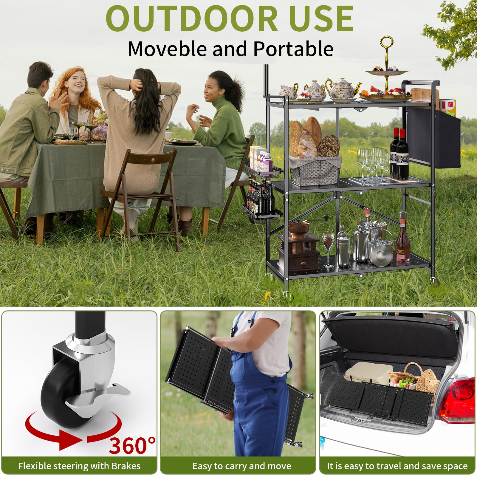 DTUQYX Foldable Outdoor Grill Cart with 3-Tier,Grill Cart,Grill Table for Outside with 2 Total Lock Casters,Pizza Oven Stand Table,Rolling BBQ Table and Folding Kitchen Island, Black