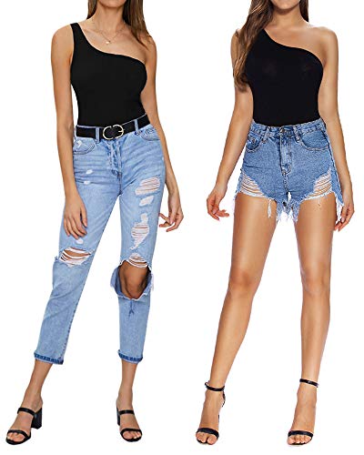 MANGOPOP Women's One Shoulder Off Sleeveless Long Sleeve Tank Top Bodysuit Jumpsuits (A Sleeveless Black, Small)