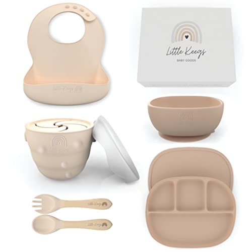 Little Keegs Baby Feeding Set - Baby Must Haves Gift Set - Baby Led Weaning Supplies - Toddler Silicone Feeding Set - Suction Baby Bowl, Bib, Snack Cup, Utensils, Baby Plate Set of 8 (Beige)