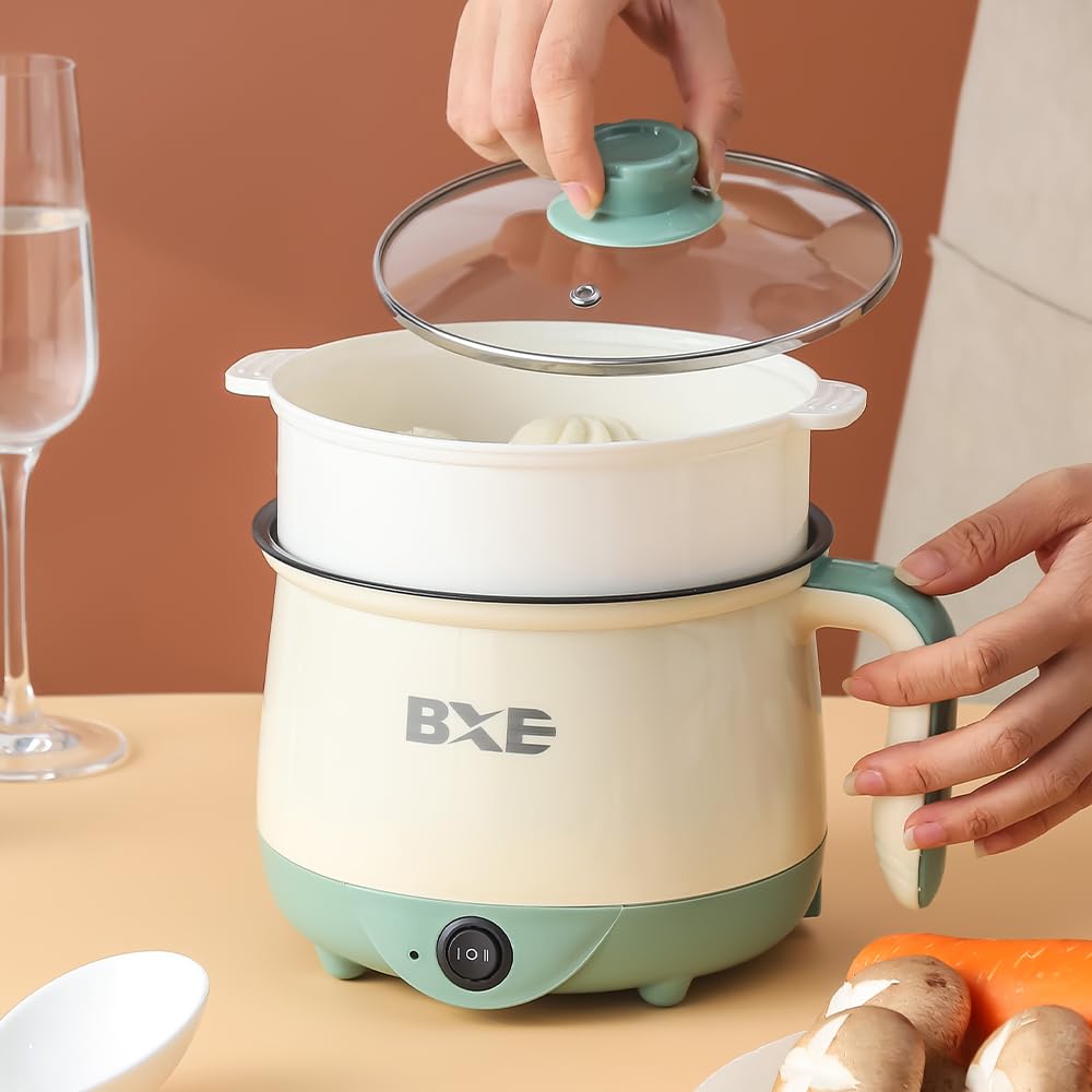 BXE 6-in-1 kitchen Electric Electric Hot Pot, Portable Multi Functional Travel Cooker Auto Power Off Rapid Heating Compact and Portable ,1.5L Rapid Noodles Cooker, Non-Stick Electric Pot Perfect for