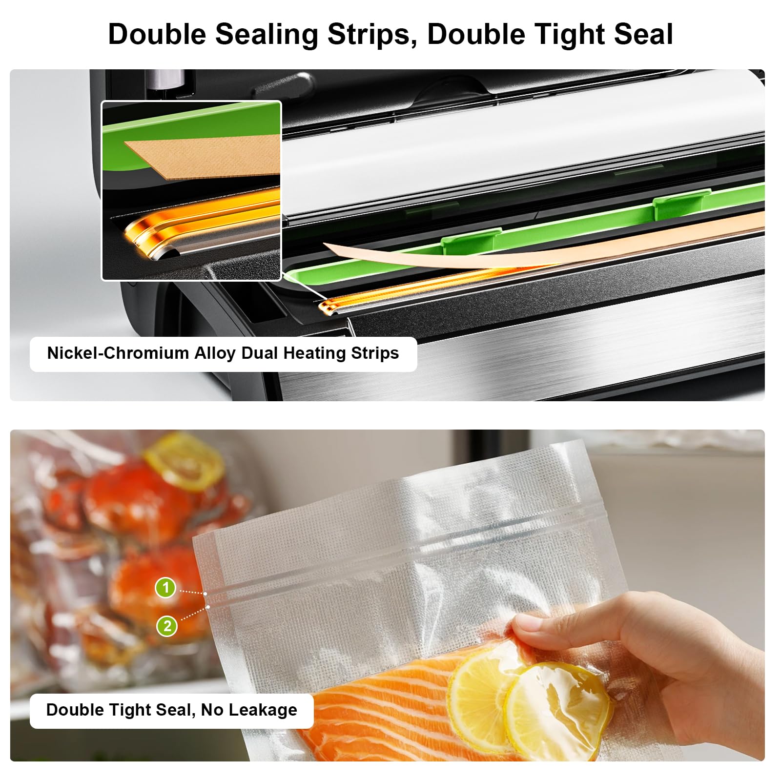 Gasbye Vacuum Sealer Machine, 90kPa Food Sealer with Double Heat Seal for Dry/Moist Food, Easy-lock Handle, Built-in Bag Storage & Cutter, Progress Display, Removable Drip Tray, Silver
