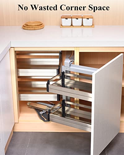 HFWYJF Blind Corner Cabinet Pull Out Organizer 15 Inch Opening,Magic Corner Base Cabinet Pull Out Left,Hidden Corner Cabinet Slide Out Shelves,2 Tier 4 Shelf Chrome Blind Corner Soft Close