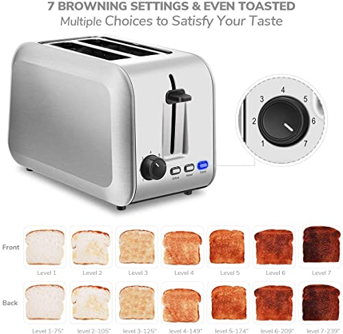Toaster 2 Slice Wide Slot, CUSIBOX Stainless Steel Toaster Bread Toaster with Removable Crumb Tray, 7 Bread Browning Settings, REHEAT/DEFROST/CANCEL Function, 750W, ST013