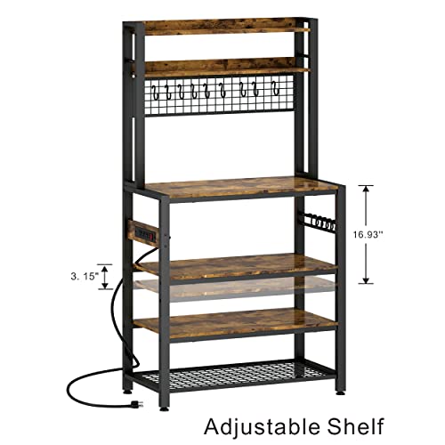 HHETOGOL Carbon Steel Bakers Racks for Kitchens with Storage, Bakers Rack with Power Outlet, Coffee Bar, Kitchen Storage Rack with 10 S-Hooks, Kitchen Shelves for Spices, HPJ01B