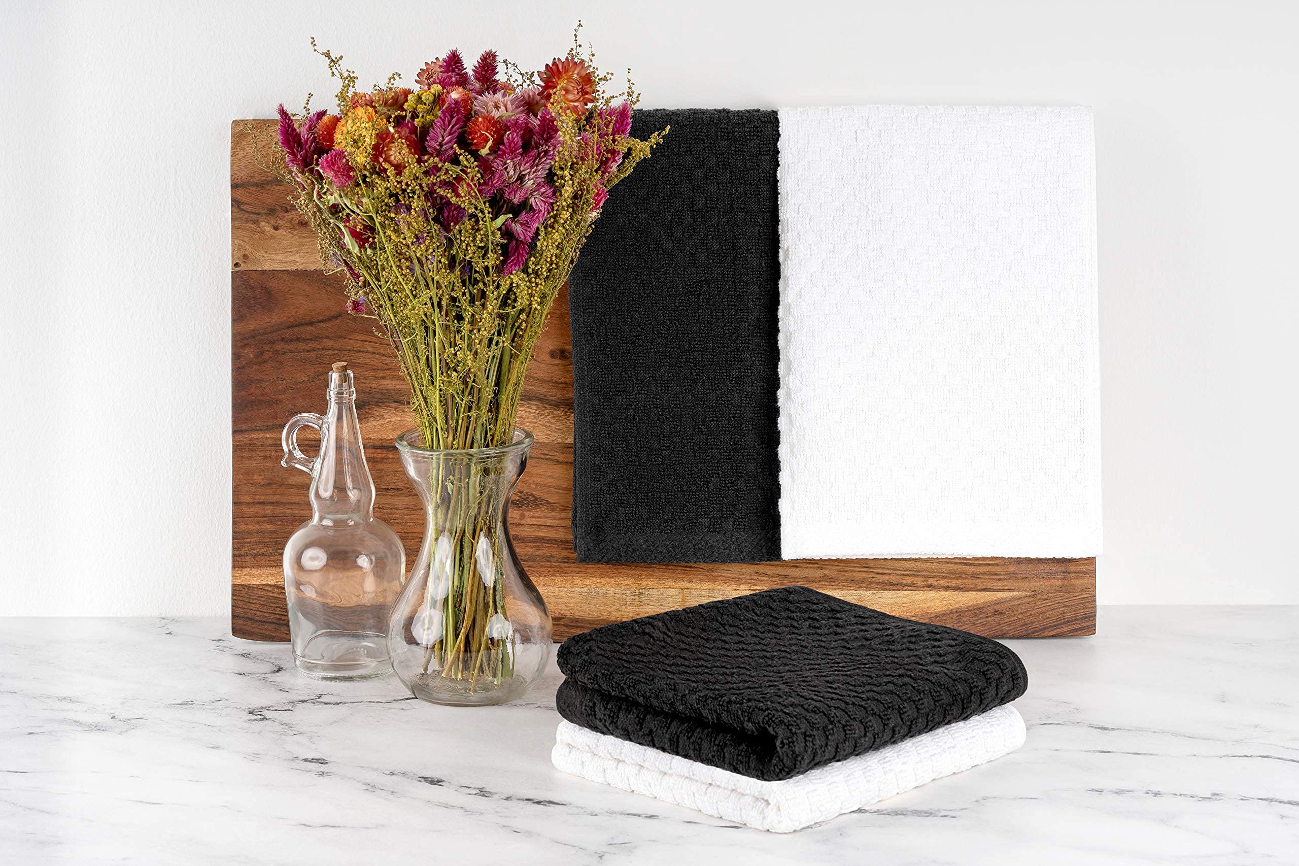 Dish Cloth Towels [12x12] Black and White Dobby Weave Kitchen Dish Towels, Soft and Real Absorbent 100% Cotton - Machine Washable - 12 Pack