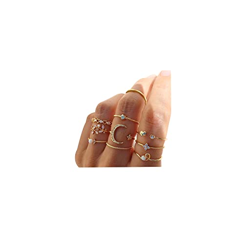 INENIMARTJ Boho Rings for Women Teen Girls,Gold Stacking Rings Set Stackable Knuckle Moon Star Heart Leaf Mid Finger Rings (Moon Star Rings)