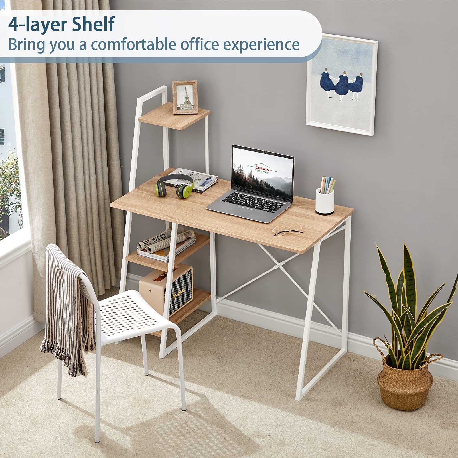 Coavas Office Desk Computer-Desk with Shelves 40" Small Desk with Shelves Study Table Desk with Bookshelf for Home Office, Beech