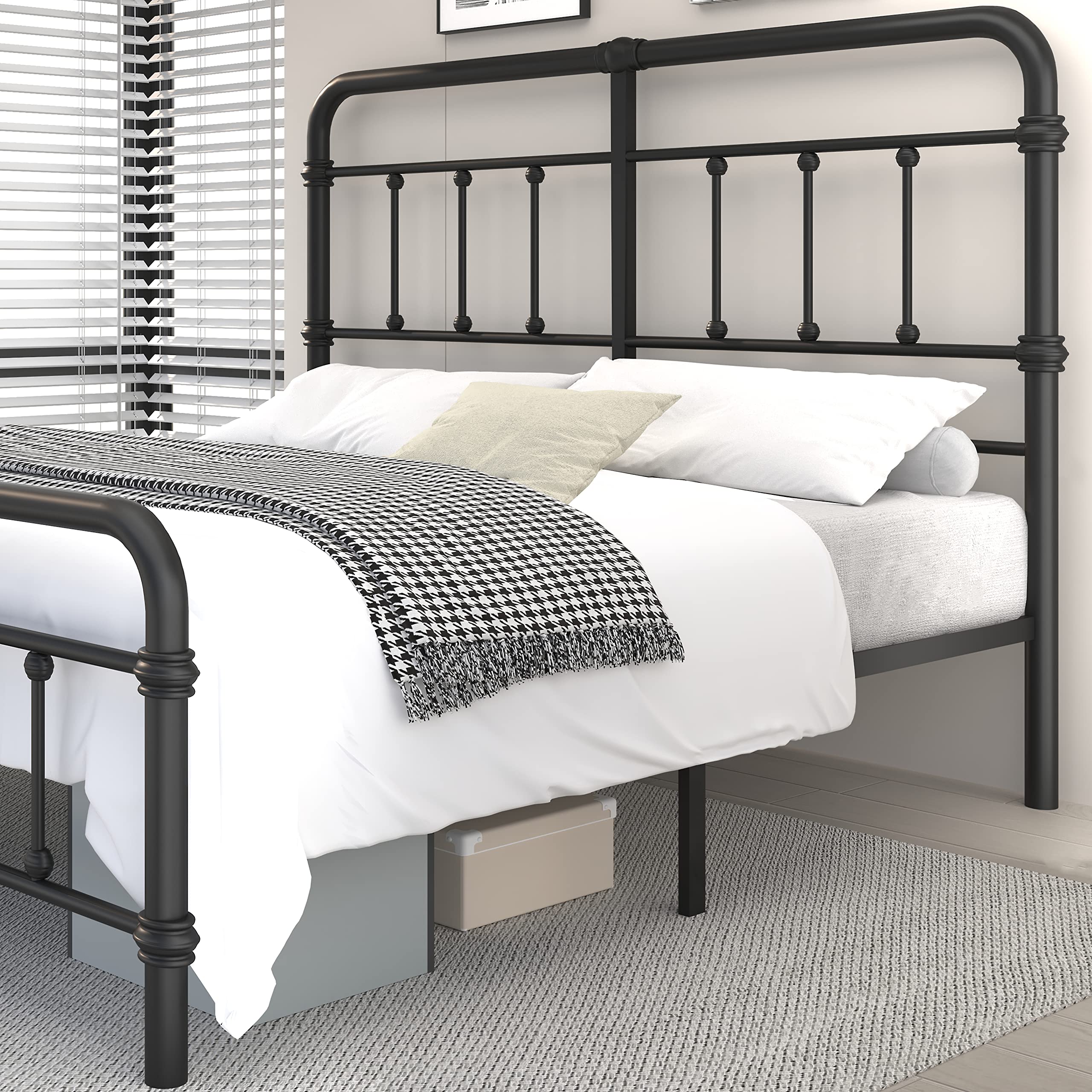 Macbimony King-Size-Bed-Frame and headboard Giselle-Vintage Antique-Metal - Iron Platform Mattress Foundation,49 inch High,No Box Spring Needed(Black)