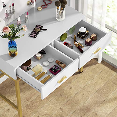 LITTLE TREE Vanity Set with LED Lighted Mirror and Cushioned Stool, Large Vanity Table Dressing Table Desk with Storage Shelves and 2 Drawers for Bedroom