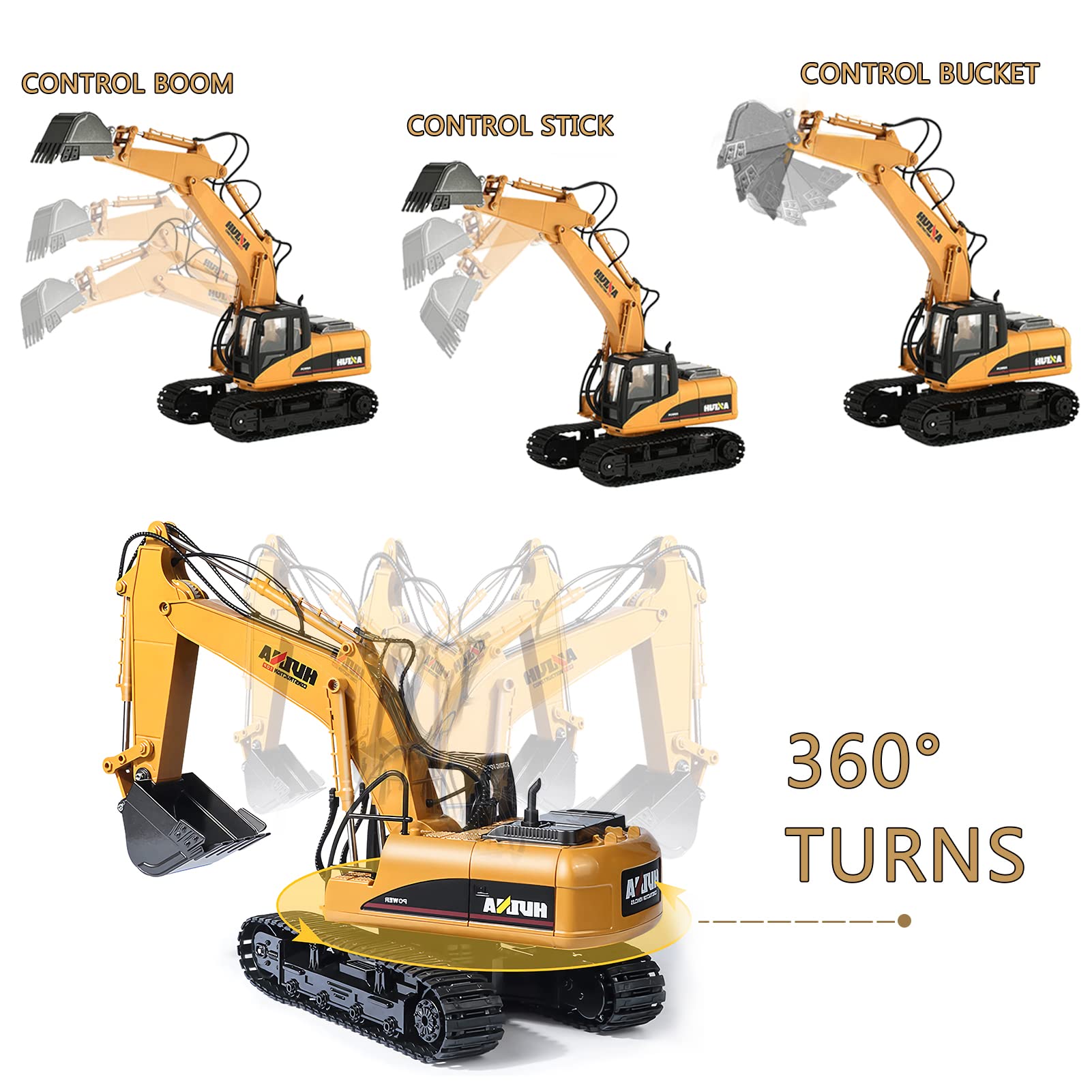 TEMA1985 Full Functional Remote Control Excavator Construction Tractor, Excavator Toy with 2.4Ghz Transmitter and Metal Shovel