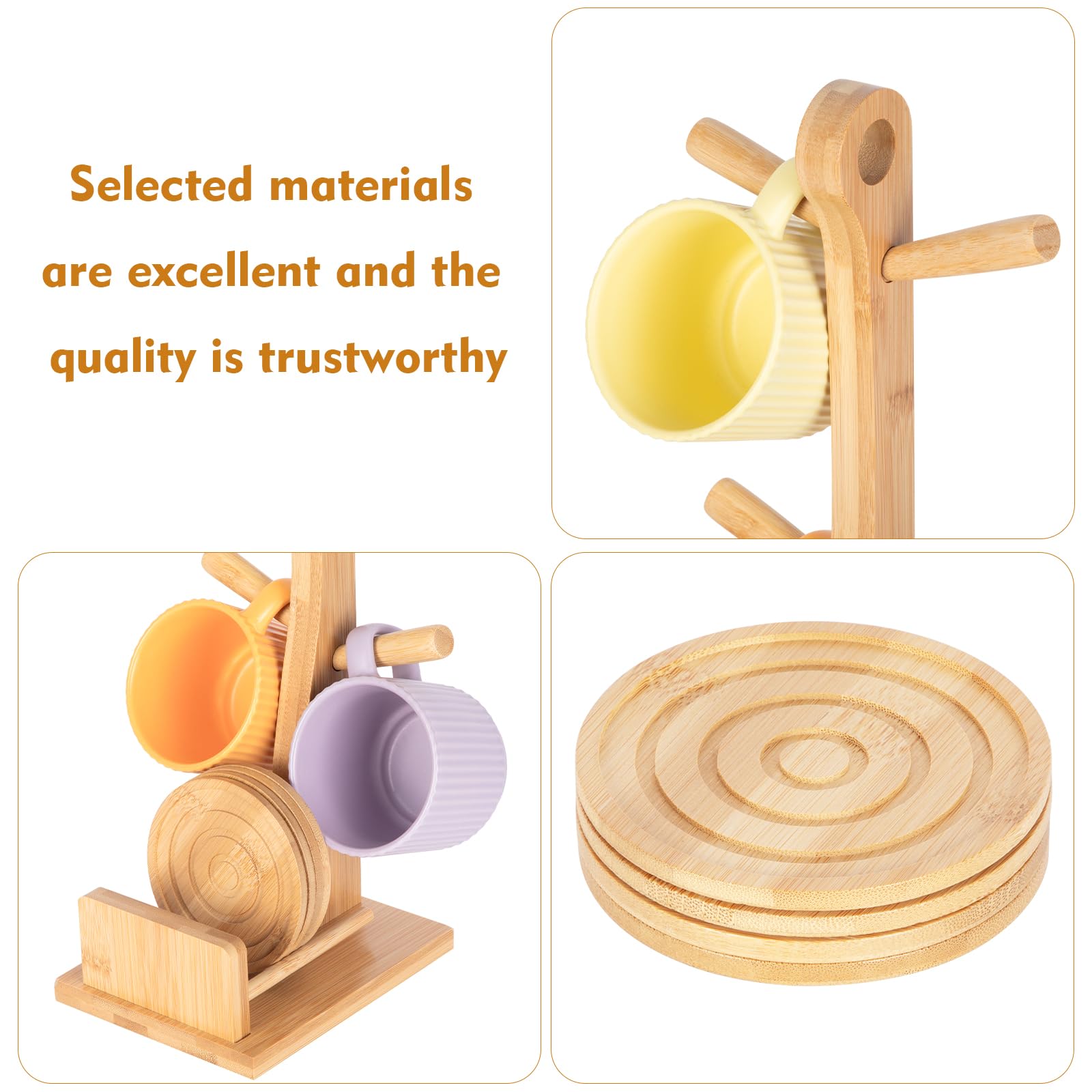E-ROOM TREND Bamboo Mug Holder with Coasters 4 Pcs, Coffee Mug Tree for Large Mugs with 4 Hooks Stand for Countertop Coffee Bar Accessories Decor Coffee Organizer Station(MHC400)