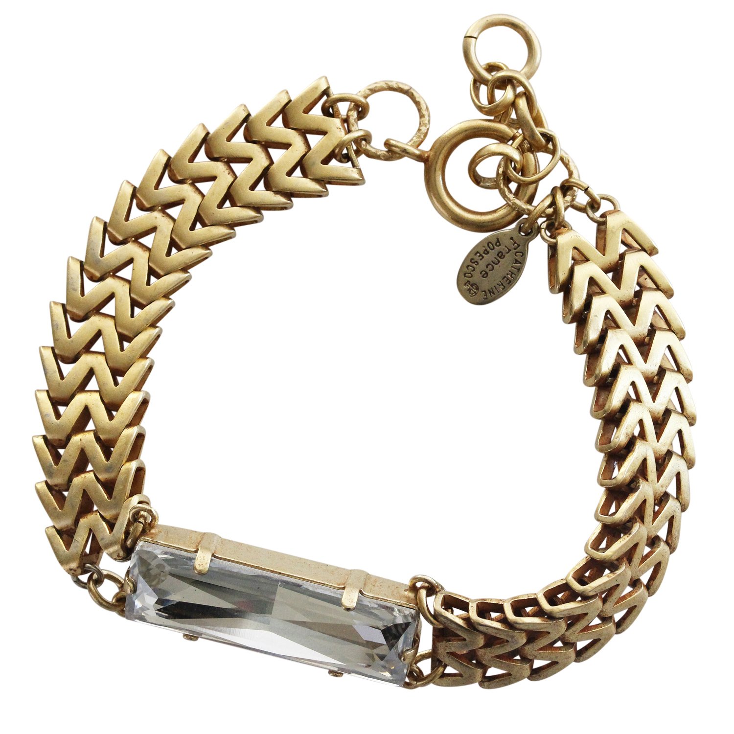 Catherine Popesco Goldtone Zigzig Chain Light Gray Rectangle Crystal Statement Bracelet, 1795G Shade