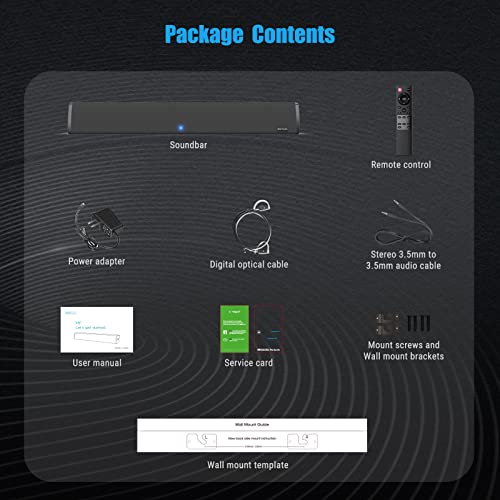 Soundbar Bestisan TV Sound Bar Wired and Wireless Bluetooth 5.0 Speaker, 80W Sound Bar Home Audio System for TV, 24-Inch, Wall Mount, Treble/Bass Adjustable, Optical/Auxiliary USB/Coaxial Cable
