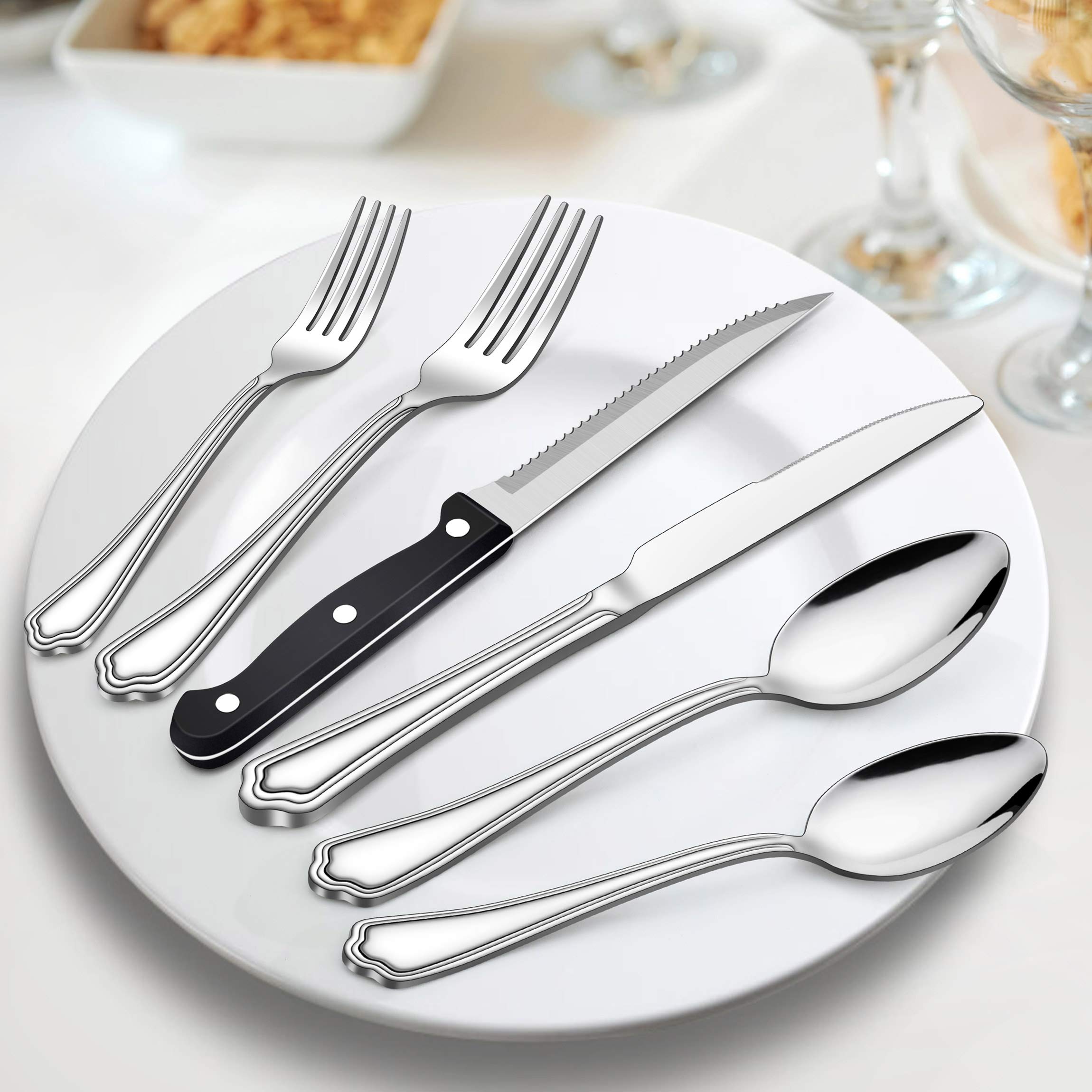 LIANYU 72-Piece Silverware Set with Steak Knives and Organizer Tray, Stainless Steel Cutlery Flatware Set for 12, Tableware Eating Utensils Set with Scalloped Edge, Dishwasher Safe, Mirror Polished