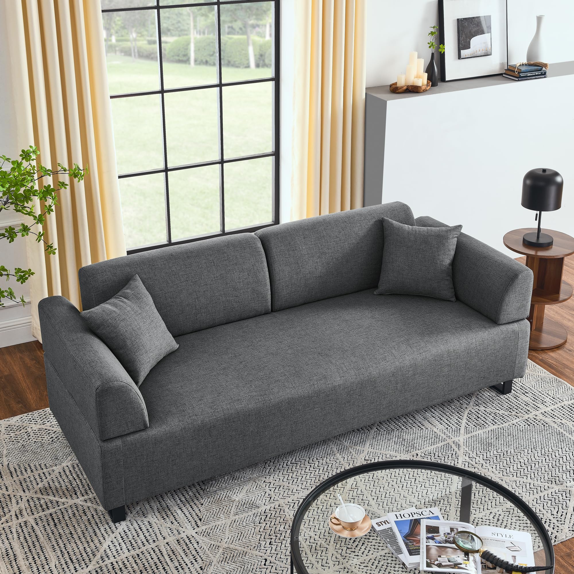 ERYE Morden Upholstered 3-Seat Couch Linen Upholstered 3 Seat Sofa Couch with Two End Tables and 2 Pillows, Free Transformation Removable Back and Armrests for Living Room