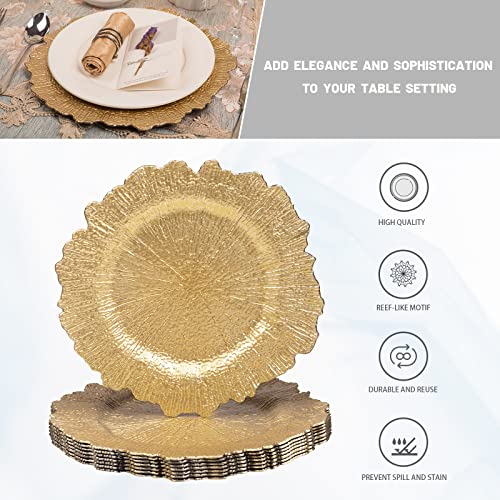 MAONAME 13" Gold Charger Plates Set of 8, Round Reef Chargers for Dinner Plates, Plastic Plate Chargers for Table Setting, Wedding Decor