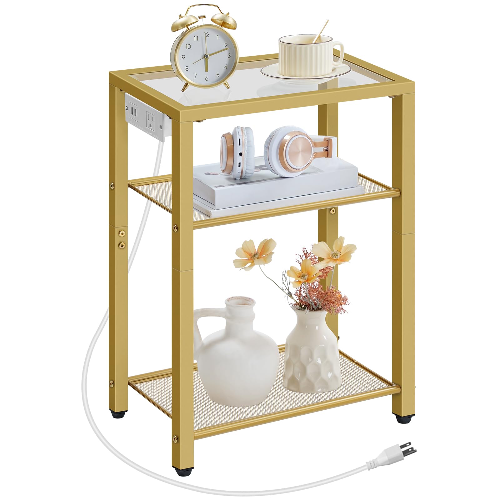 HOOBRO End Table with Charging Station, 3-Tier Side Table, Nightstand with USB Ports & Outlet, Sofa Table with Storage Shelves, Tempered Glass, Modern Style, for Living Room, Bedroom, Gold GD57UBZ01