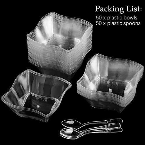 TOFLEN 50 Pack 5 oz Mini Dessert Cups with Spoons - Mini Appetizer Plates Disposable Small Plastic Bowls for Desserts, Samplers, Party Serving Trifles & More