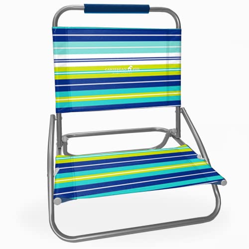 CARIBBEAN JOE Folding Beach, 1 Position Lightweight and Portable Foldable Outdoor Camping Chair, Blue Lime Stripe