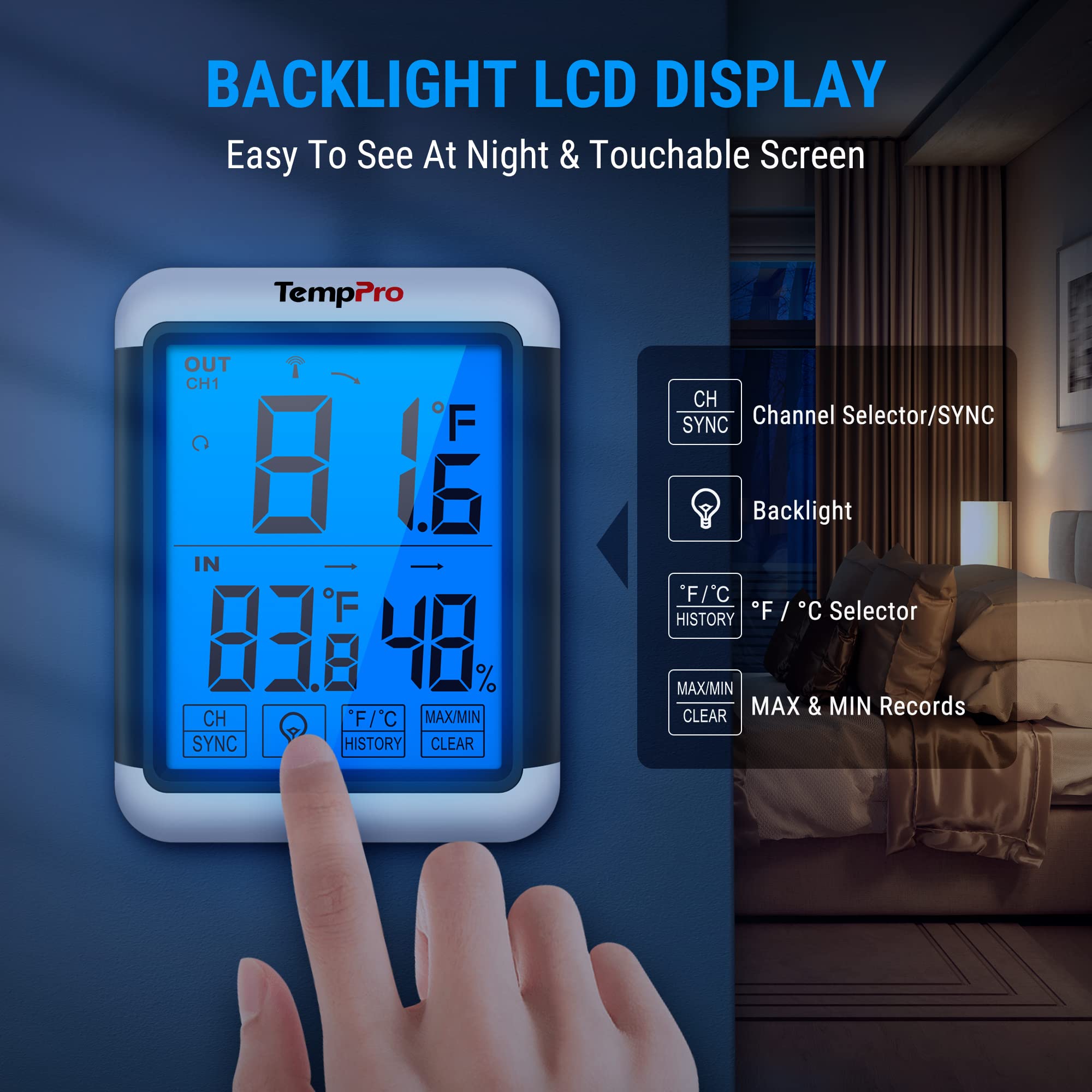 TempPro B65S Indoor Outdoor Thermometer Wireless Digital Hygrometer Temperature Sensor Humidity Gauge Monitor with Large Backlight Touchscreen for Home Thermometer