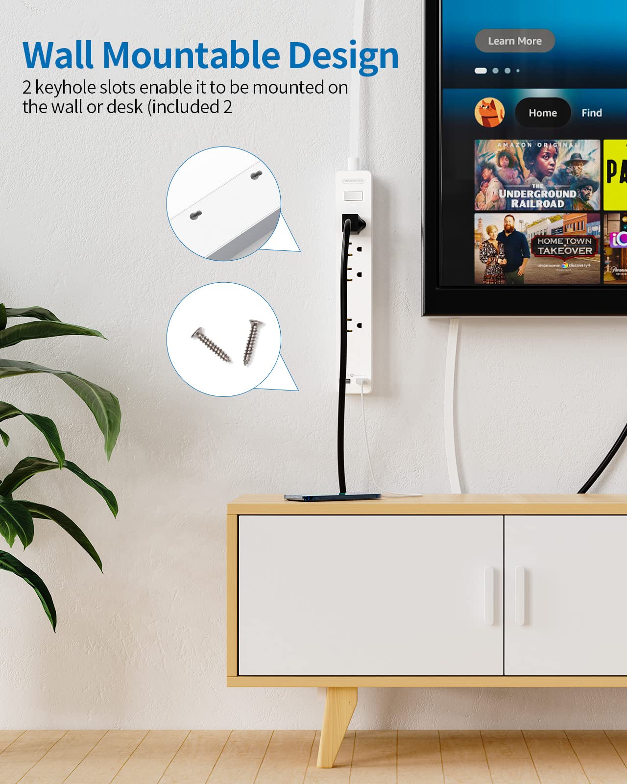 Flat Extension Cord 15 ft, NTONPOWER Ultra Thin Flat Extension Cord Under Carpet, Rug, Door, Wall Mount Power Strip Flat Plug with 4 Outlets 2 USB, Overload Protection for Home Office Indoor, White