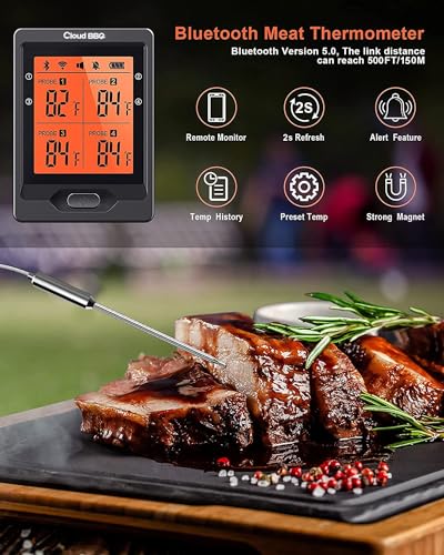 Cloud BBQ 500FT Wireless Meat Thermometer, Smart Rechargeable BBQ Thermometer with Four Probes, Bluetooth Meat Thermometer for Somker, Oven,Grilling, Cooking Turkey Fish Beef (FS-66)