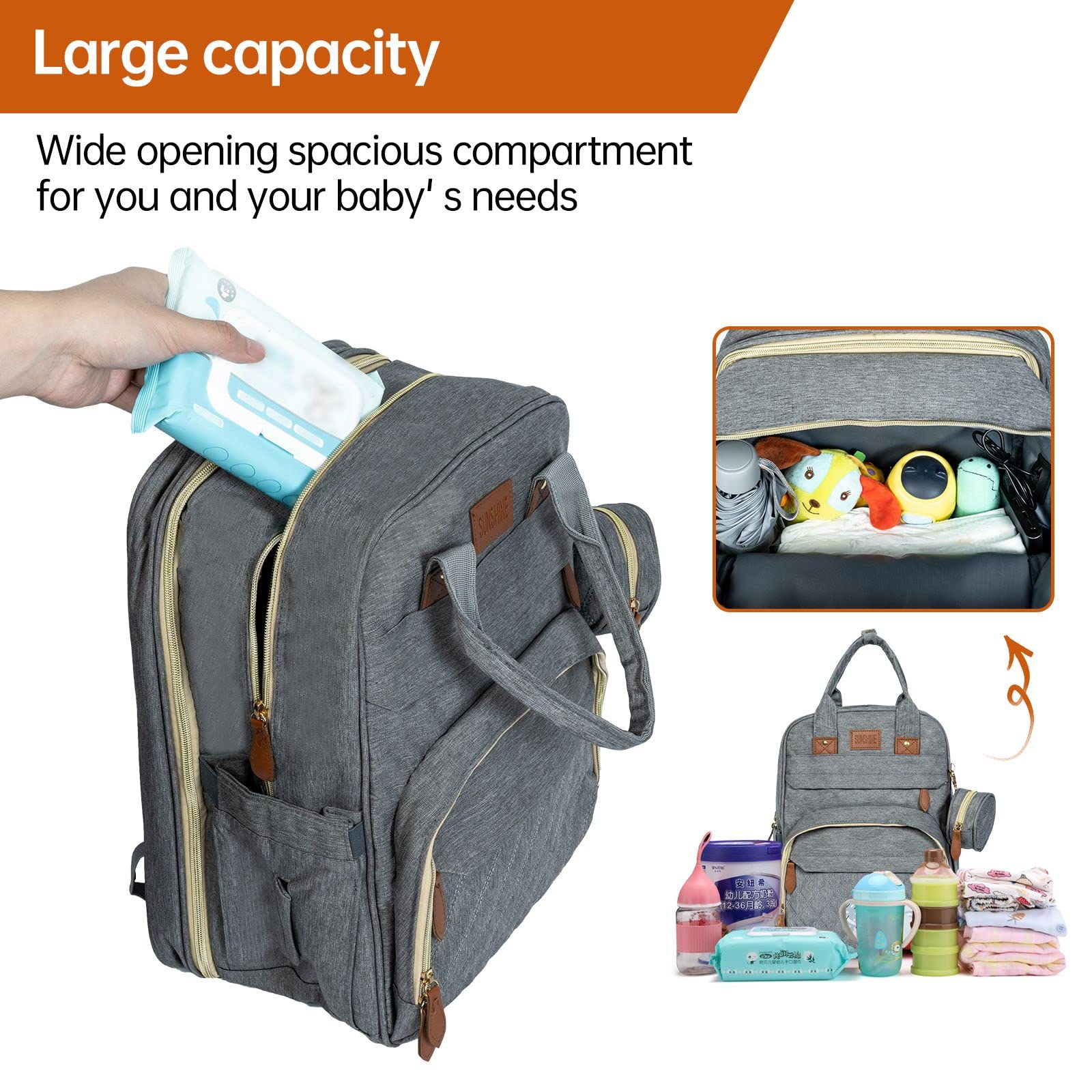 DAILY&DIARY Diaper Bag Backpack, Baby Bag Multifunction Waterproof Nappy Bag with Stroller Straps, USB Charging Port Unisex for Newborn Boys Girls, Grey