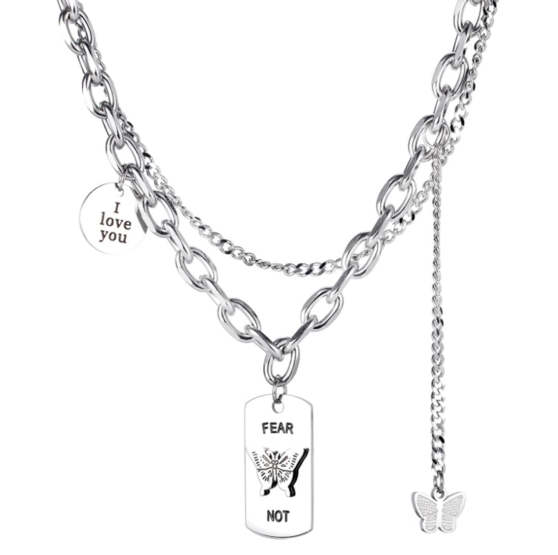 CooJew Stainless Steel Layered Necklace Smiling Face Pendant,19" Adjustable Multilayer Choker Punk Long Chain for Women Men