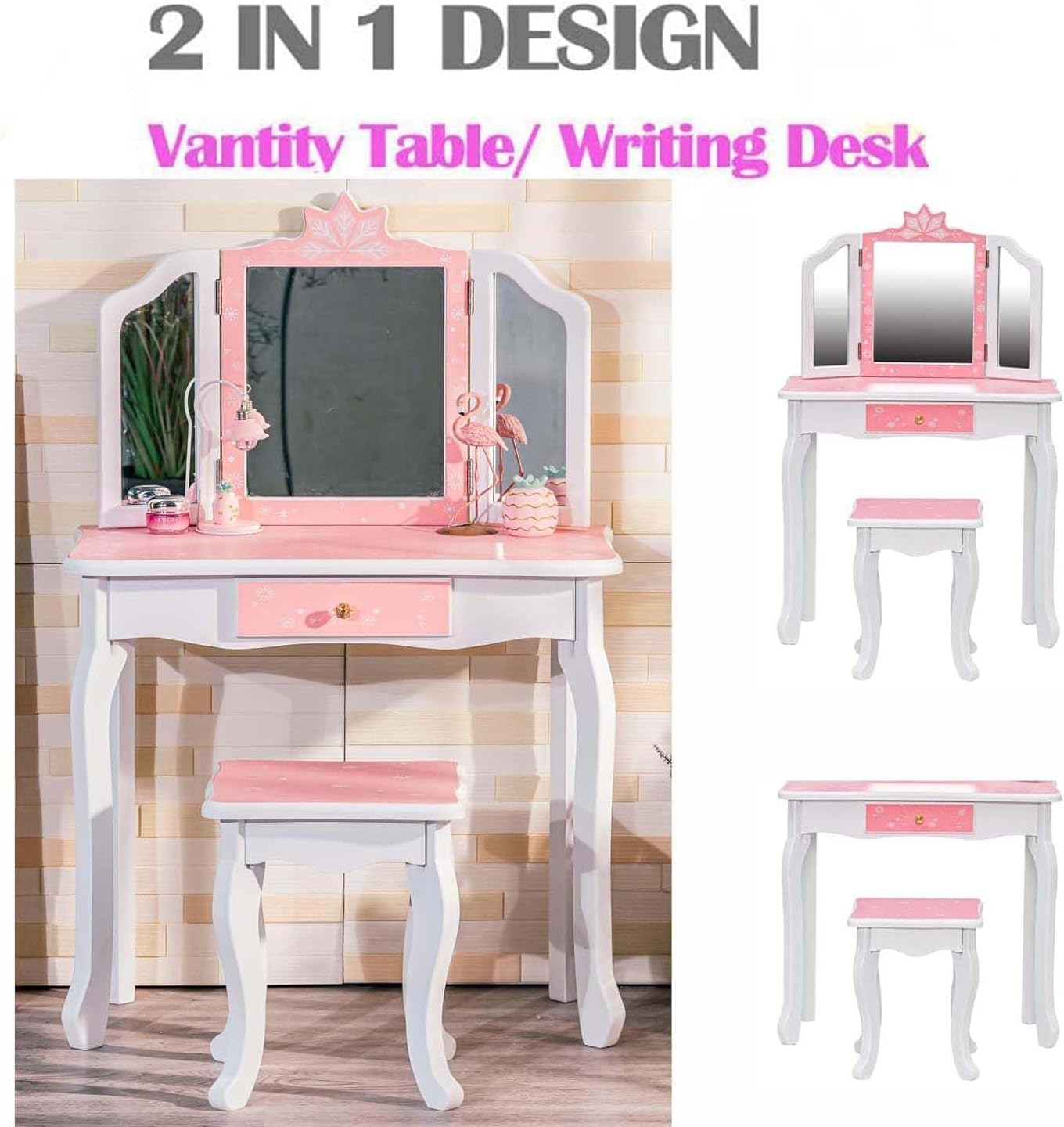 GAOMON Kids Vanity, Girls Vanity Table with Tri-Folding Mirror,Stool & Drawer, 2 in 1 Wooden Princess Makeup Desk Dressing Table, Toddler Vanity,Pretend Play Vanity Set for Kids